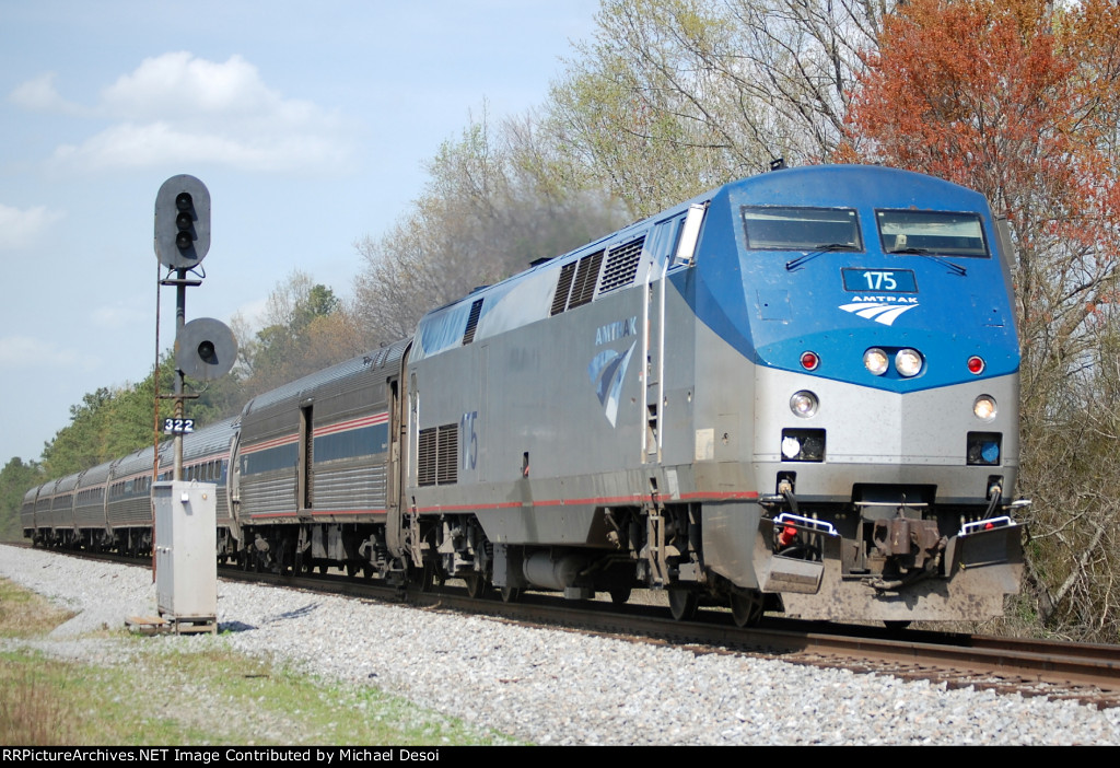 Amtk P-42DC #175 leads a southbound across Oak Grove Rd.